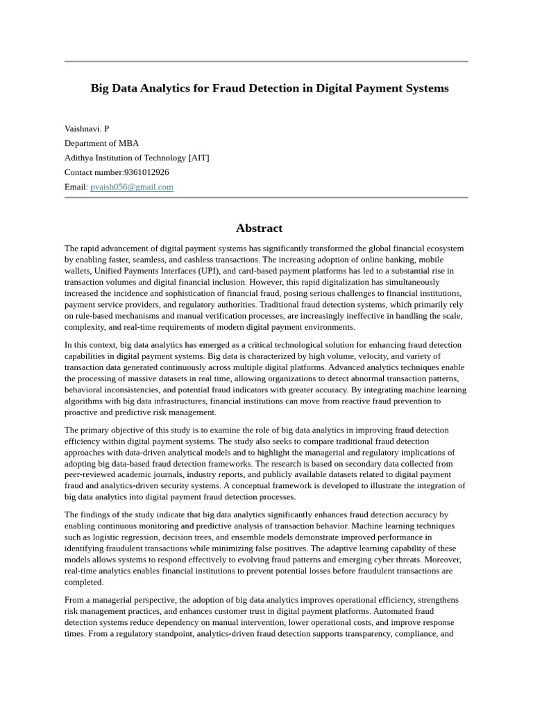 Big Data Analytics For Fraud Detection in Digital Payment Systems | PDF ...