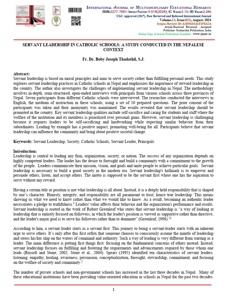 Servant Leadership in Nepalese Catholic Schools | PDF | Leadership ...