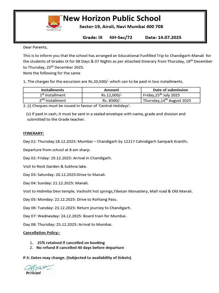 Circular No 72 - Revised Circular-Grade IX-Excursion Details | PDF