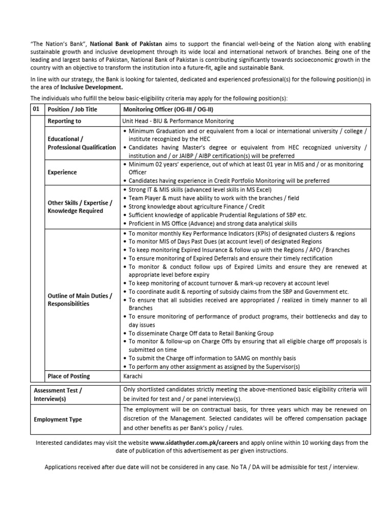National Bank of Pakistan Job Opening: Monitoring Officer | PDF