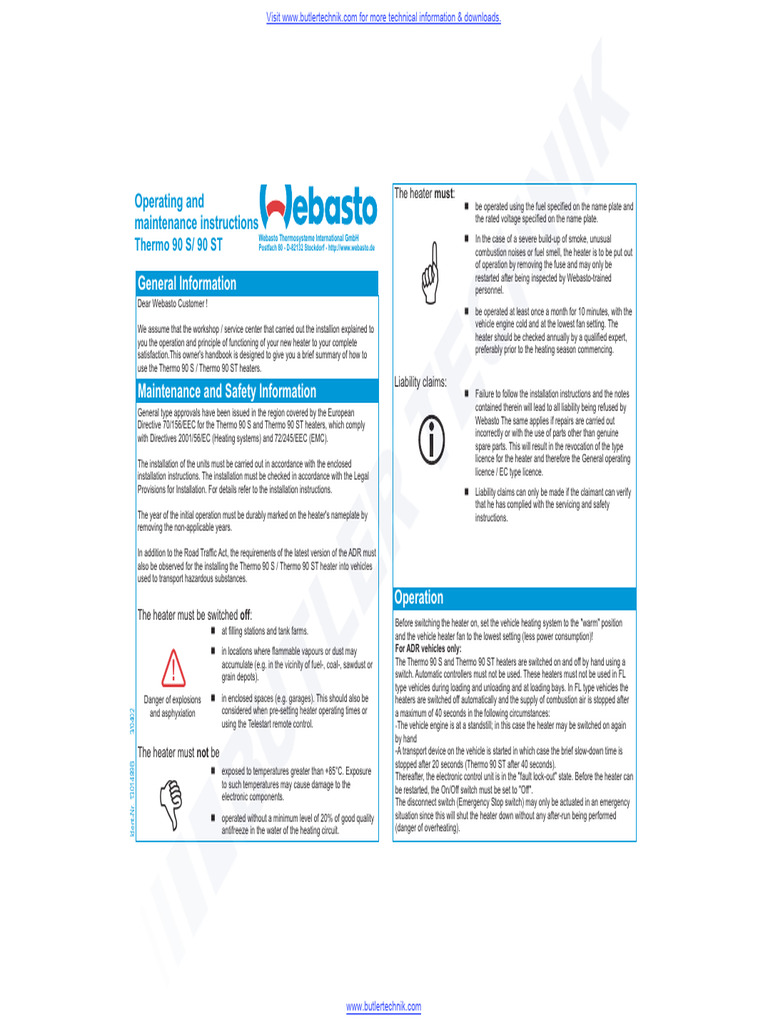 Webasto Thermo 90 S/ST Heater Guide | PDF | Timer | Switch
