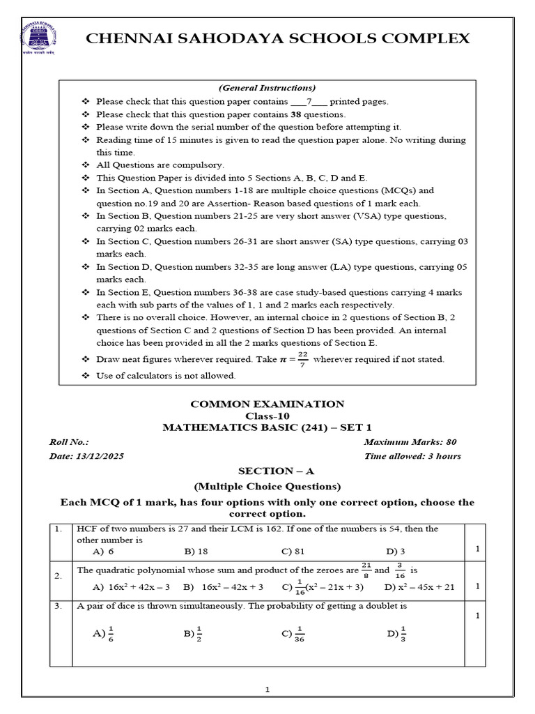 QP Mathematics (Basic 241) 10 Common Examination Set 1 | PDF | Circle ...