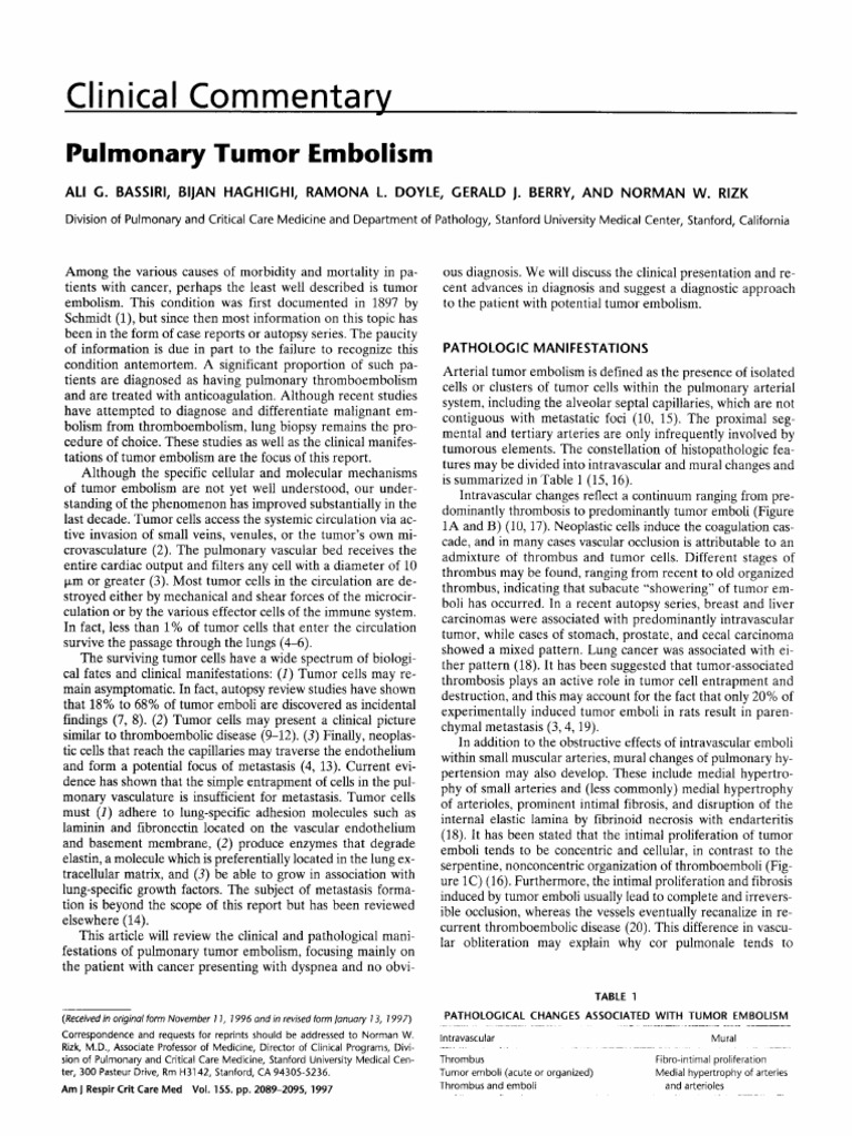 Understanding Pulmonary Tumor Embolism | PDF | Embolism | Thrombosis
