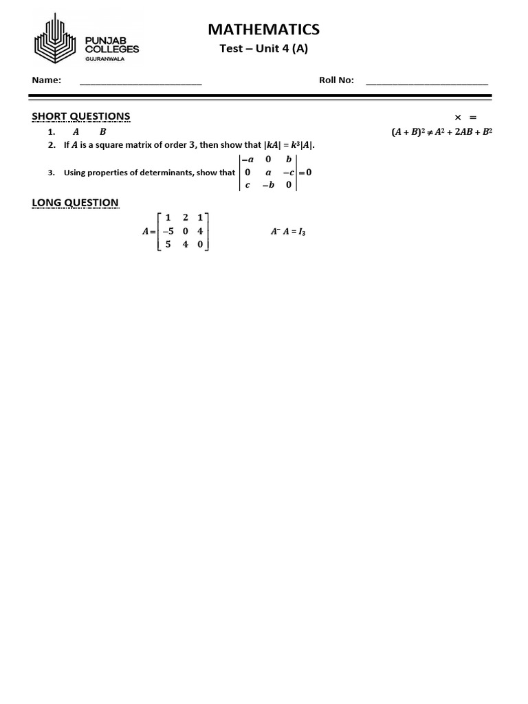 Test (Unit 4) | PDF | Matrix (Mathematics) | Determinant