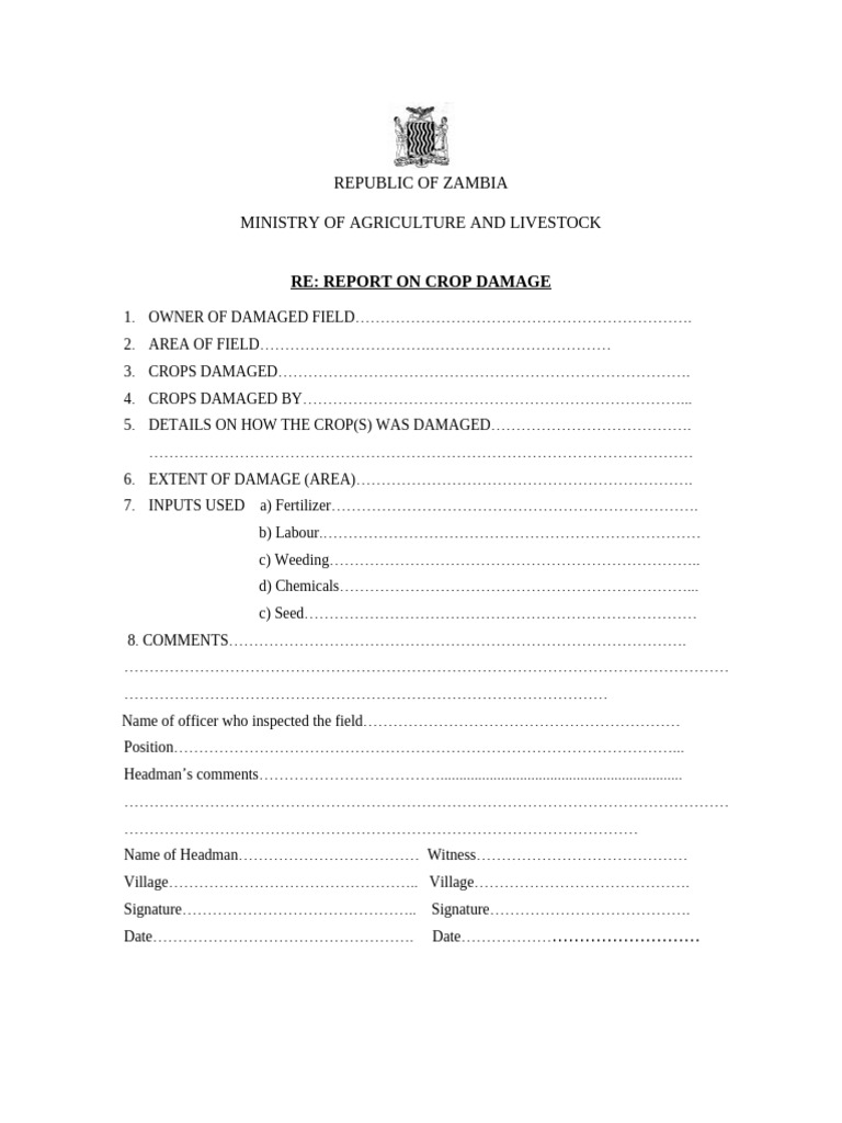 Zambia Crop Damage Report Template | PDF
