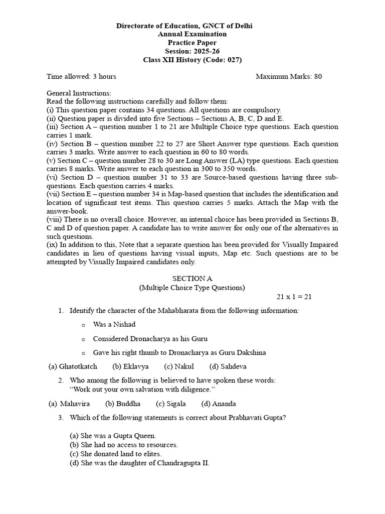 Class XII History Practice Paper 2025-26 | PDF | Mahatma Gandhi ...