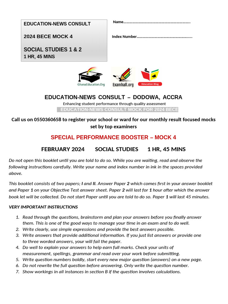 2024 BECE Mock Exam: Social Studies Guide | PDF | Family | Water Pollution