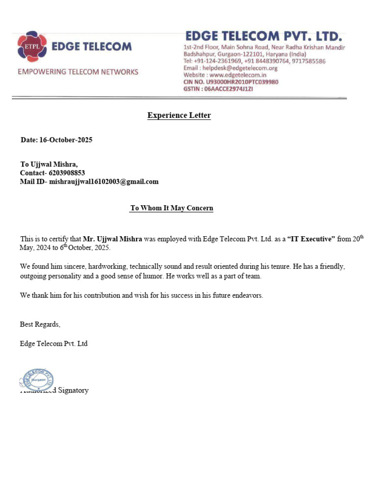 Ujjwal Mishra - Experience & Relieving Letter | PDF