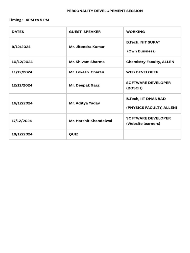 Personality Development Sessions Schedule | PDF