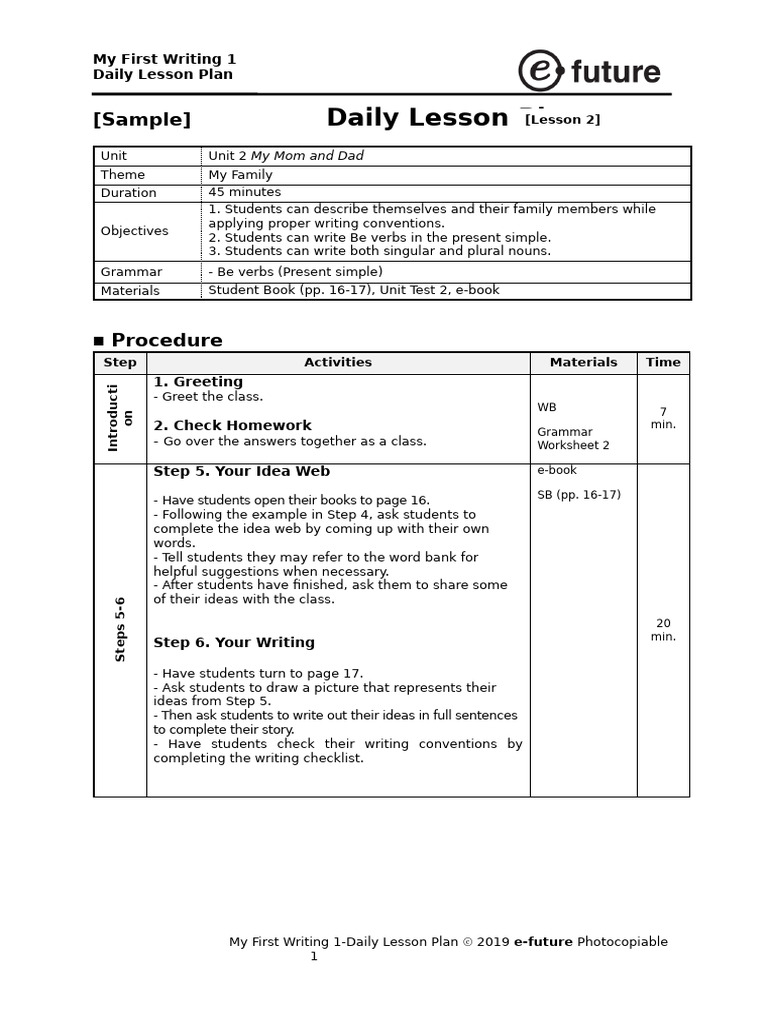 My First Writing 1-Daily Lesson Plan-Sample-Lesson 2 (Main Unit) | PDF ...