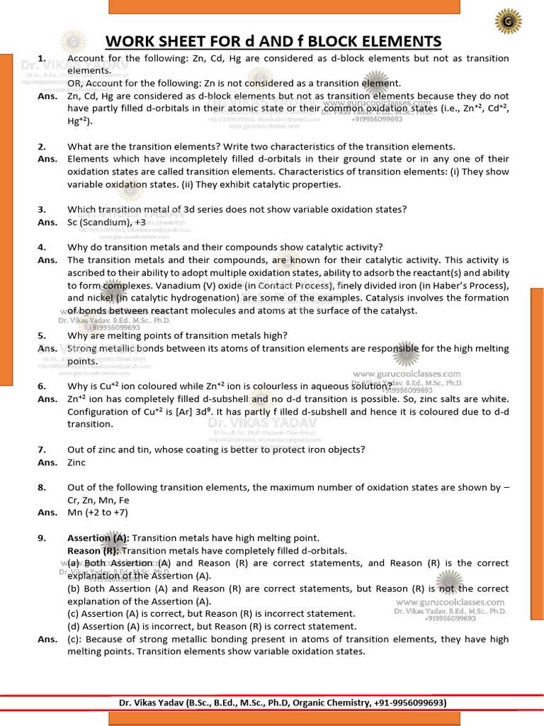 d and f Block Elements Worksheet | PDF
