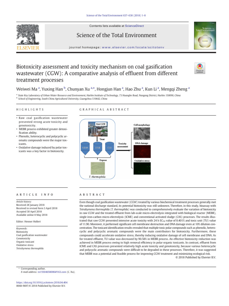 Biotoxicity Assessment and Toxicity Mechanism On Coal Gasi 2018 Science ...