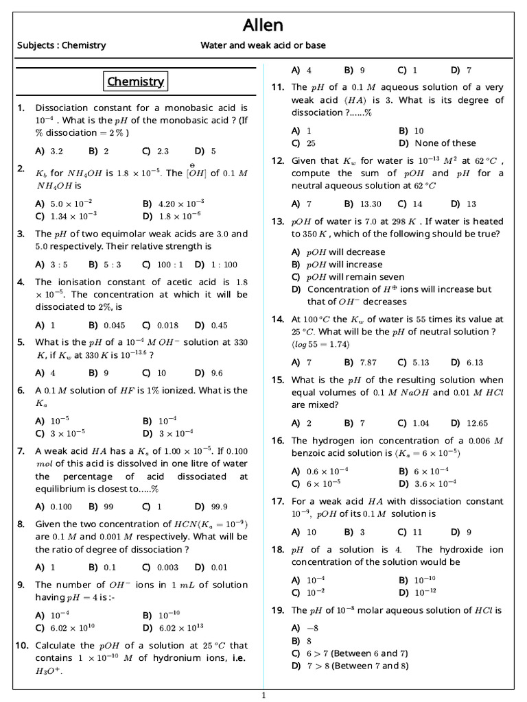 Water and Weak Acid or Base - 251211 - 090319 | PDF | Dissociation ...