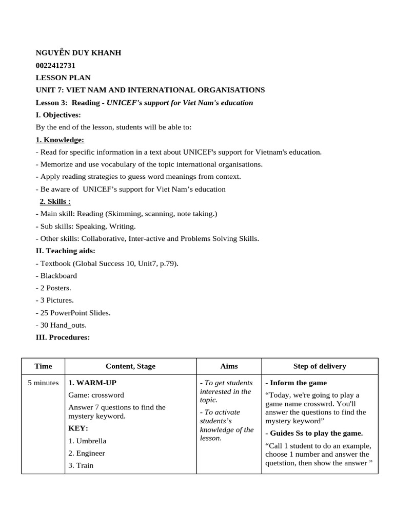 Lesson Plan Unit 7 - Lesson 3 Reading | PDF | Multiple Choice | Learning