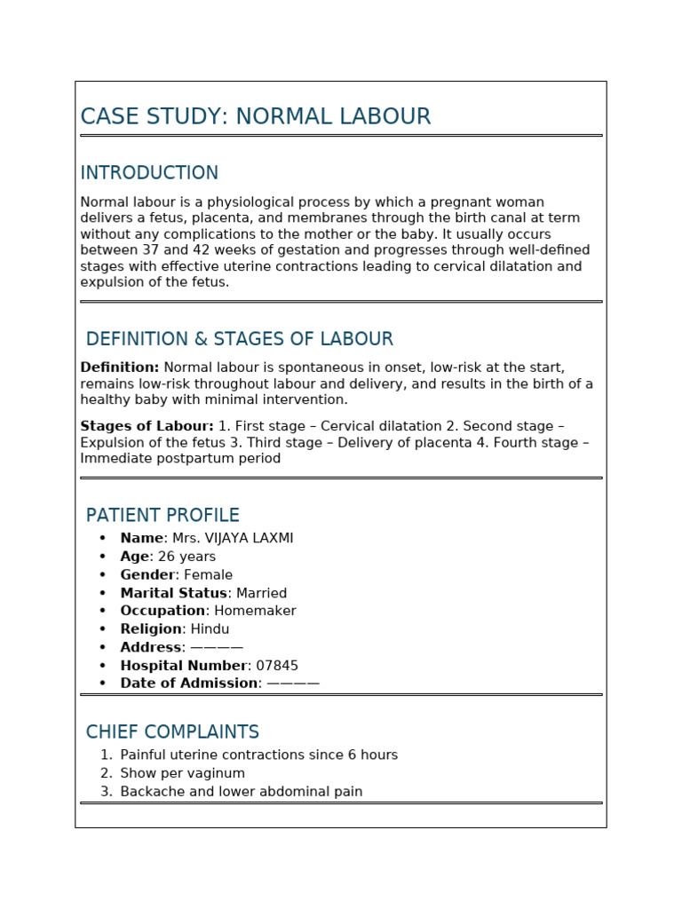 Detailed Case Study - Normal Labour | PDF | Childbirth | Postpartum Period