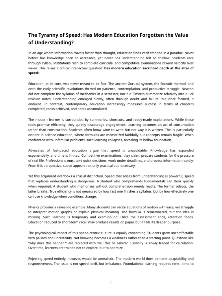 The Tyranny of Speed in Modern Education | PDF | Learning | Knowledge