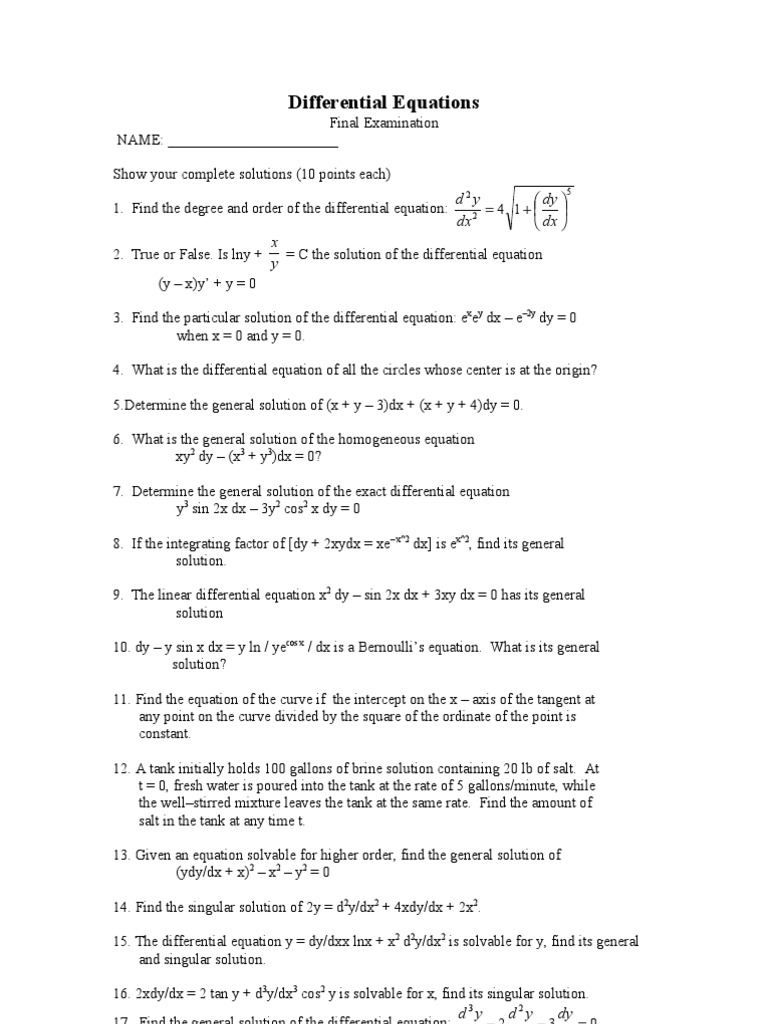 Differential Equations Final Exam Guide Pdf Teaching Methods