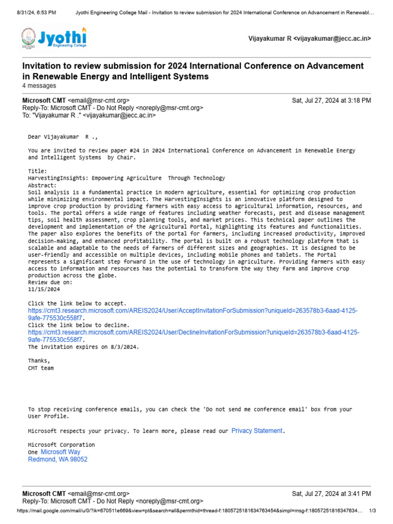 Review Invitation for AREIS 2024 Papers | PDF | Agriculture | Unmanned ...