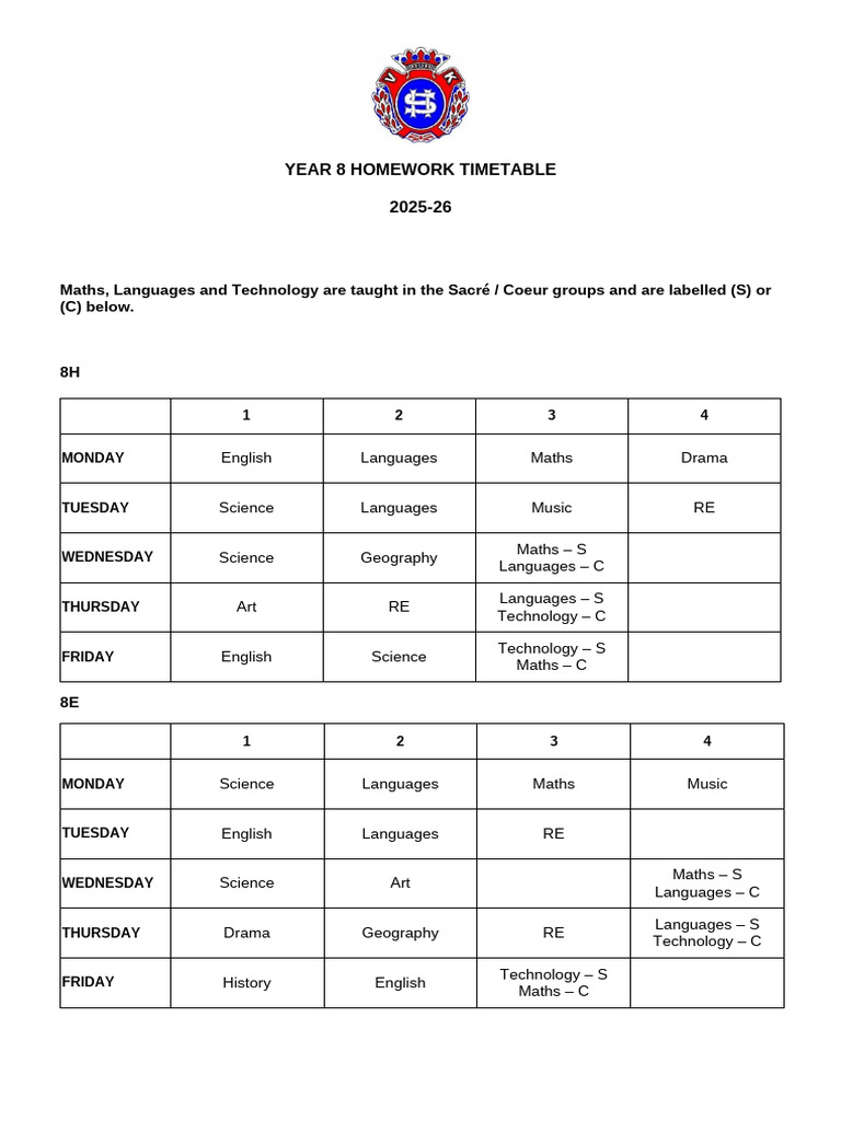 Year 8 Homework Timetable 2025 26.368300255 | PDF