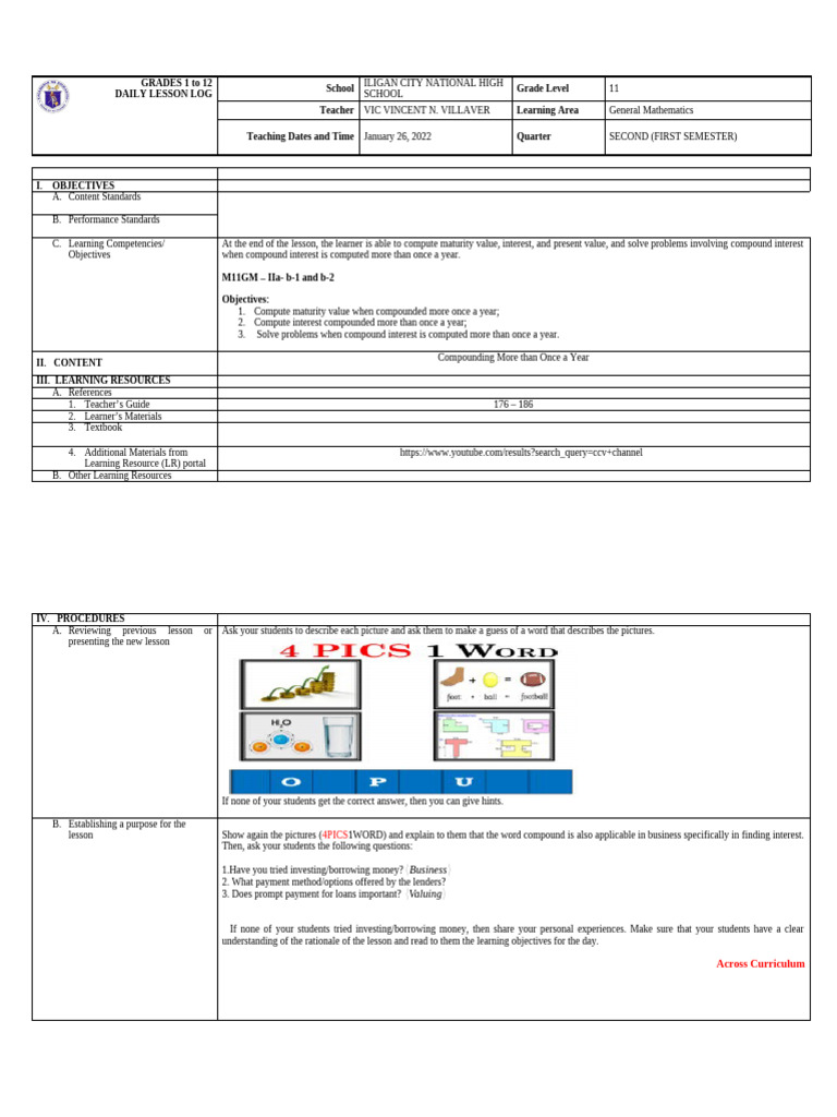 Grade 11 General Math Daily Lesson Plan | PDF | Interest ...