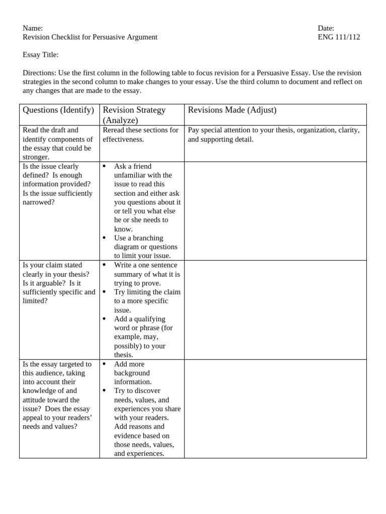 Persuasive Essay Revision Checklist | PDF | Fallacy | Essays