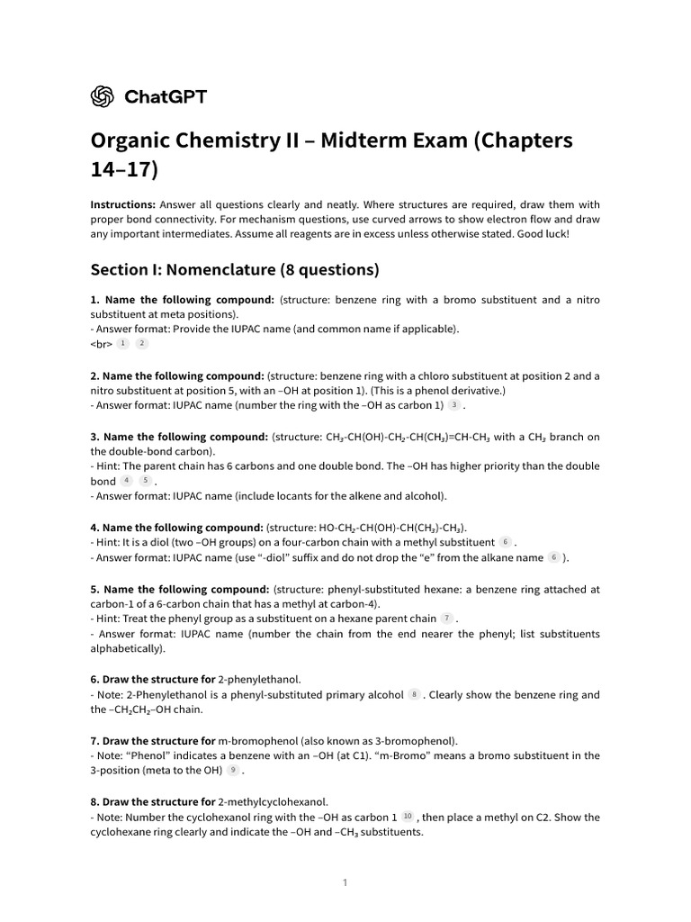Organic Chemistry II Midterm Exam Guide | PDF | Chemical Reactions ...
