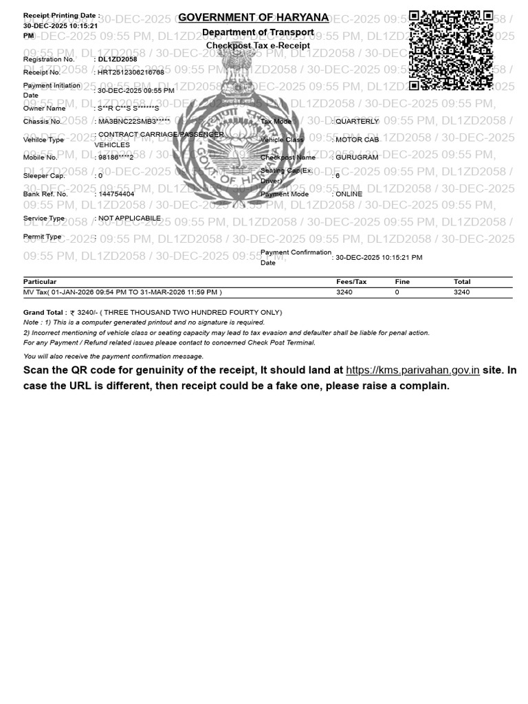 Haryana Checkpost Tax e-Receipt | PDF | Vehicles | Transport