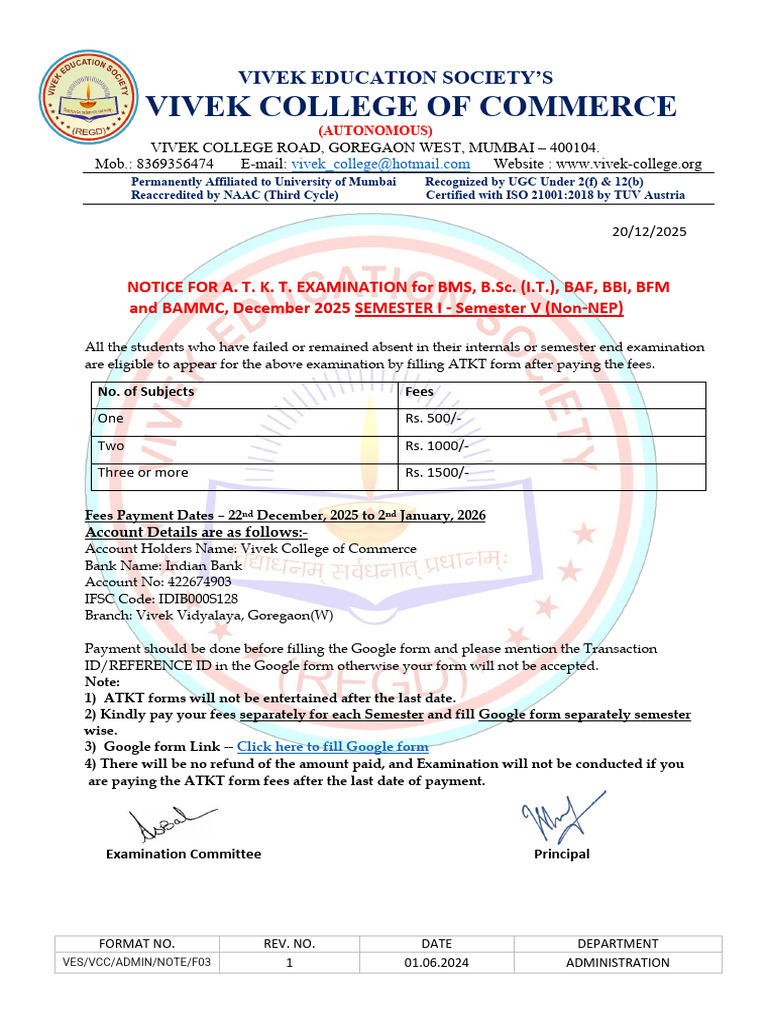 Notice For Atkt Sem I and Sem V (Non-Nep) - 1 | PDF