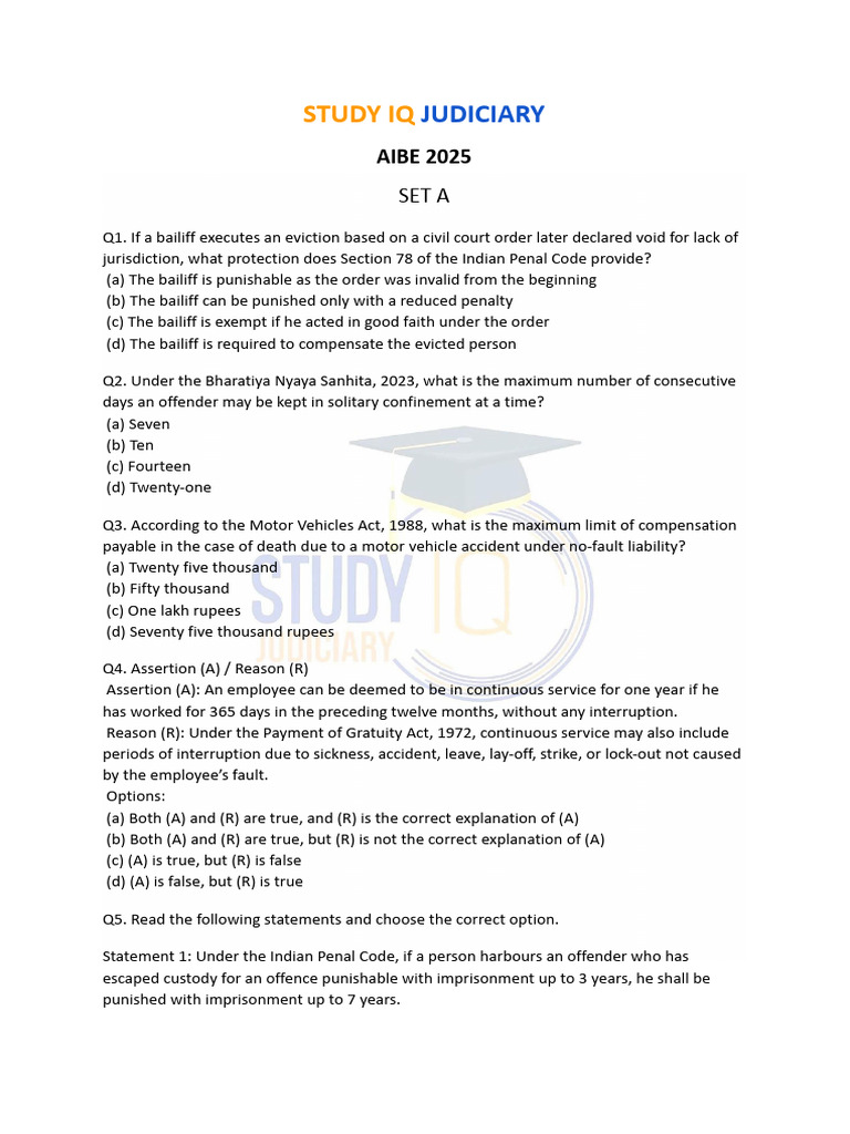 Aibe 2025 Siq Judiciar Set A Question Paper W. Solutions | PDF | Pardon ...