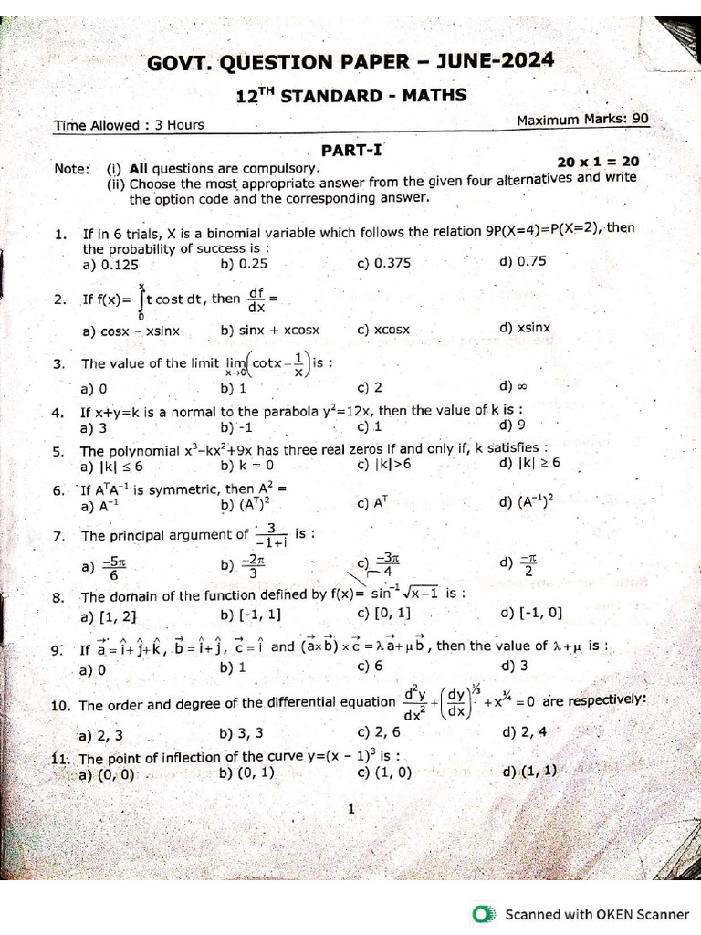 12th Maths Question Paper June 2024 To March 2020 English Medium PDF ...
