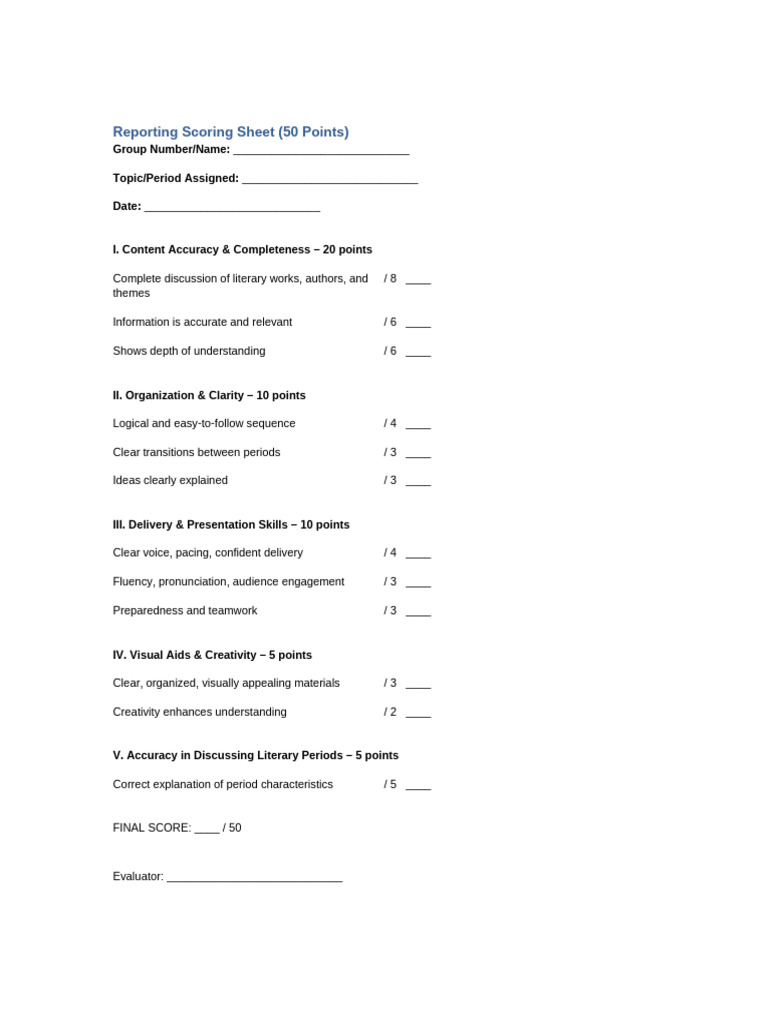 Literary Presentation Scoring Sheet | PDF