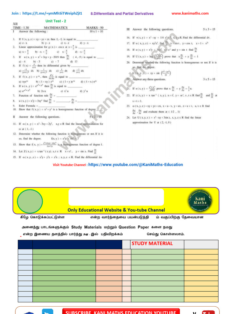 Kani Maths 12th - Maths - em - Chap - 8 - Unit - Test - 2 WWW ...