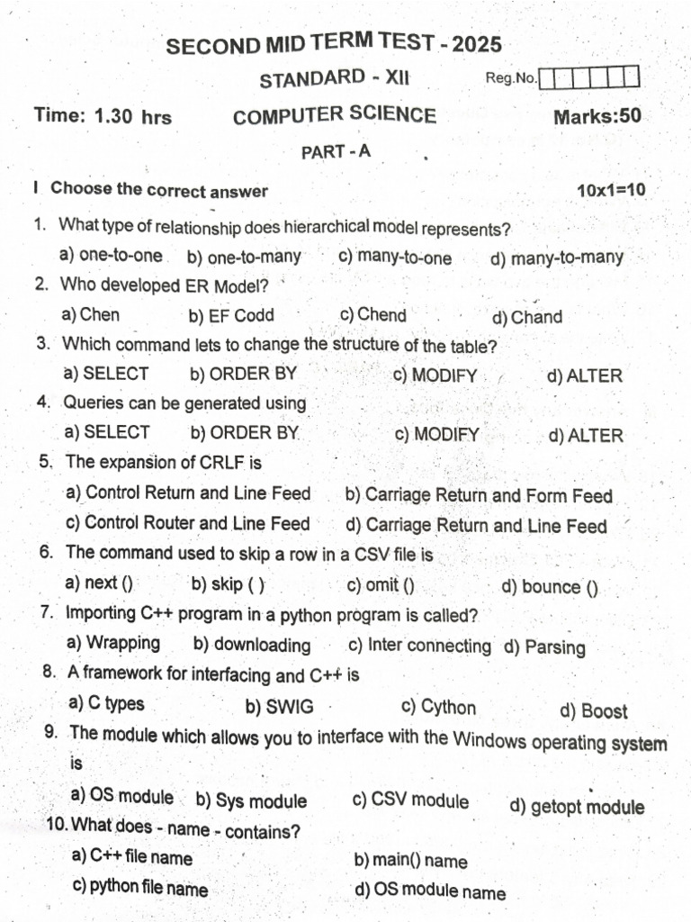 12th Computer Science EM - 2nd Mid Term Exam 2025 - Original Question ...