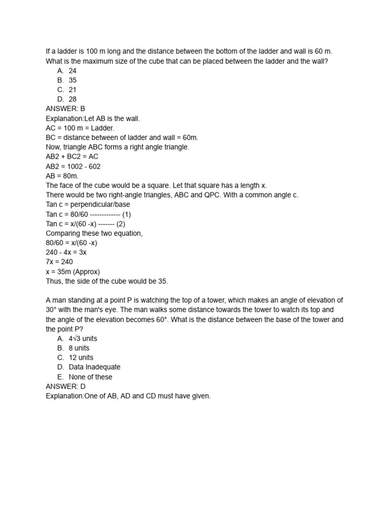 Maximum Cube Size Between Ladder and Wall | PDF | Trigonometric ...