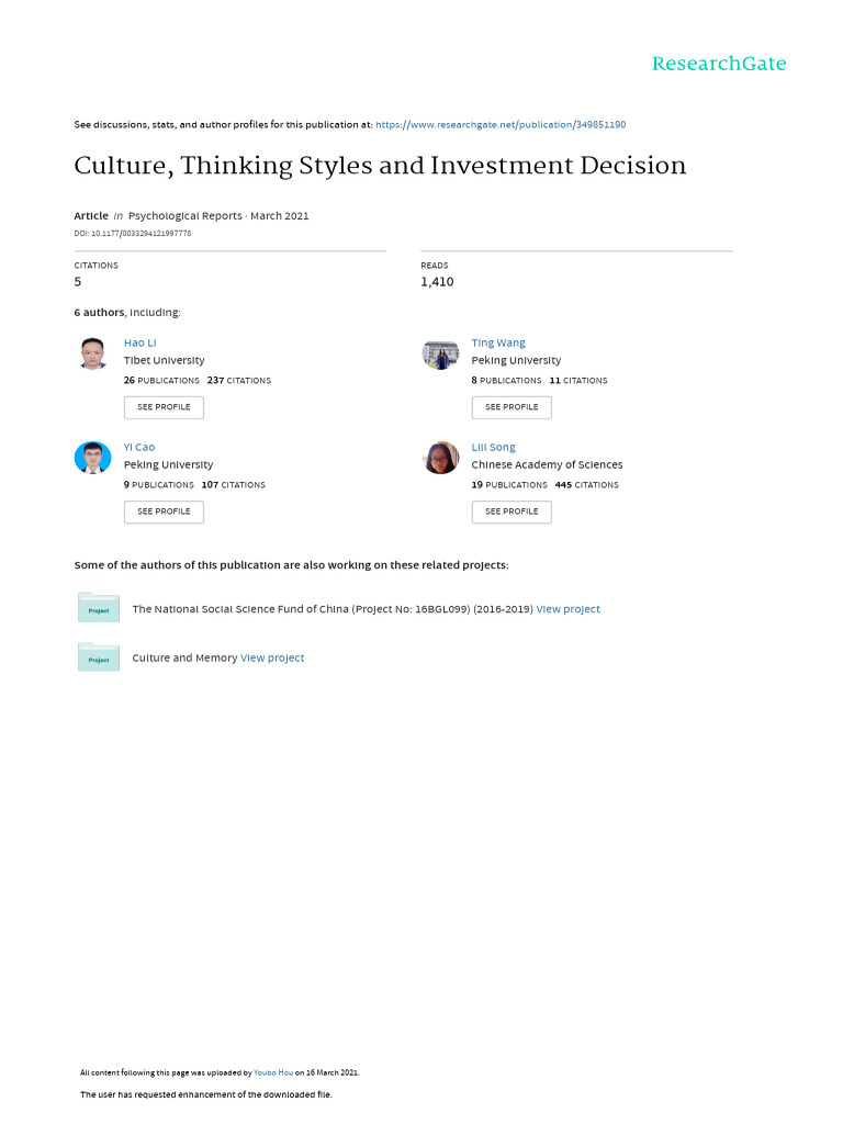 Culture, Thinking Styles and Investment Decision: Psychological Reports ...