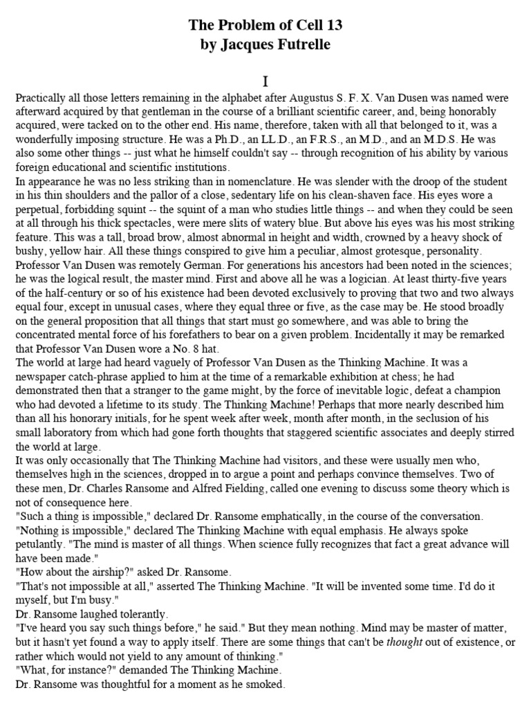 Jacques Futrelle The Problem of Cell 13 | PDF | Thought | Prison
