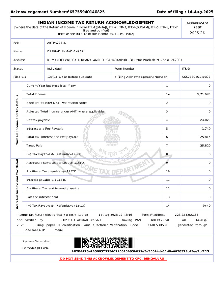 Dilshad 25-26 Itr | PDF | Taxes | Income