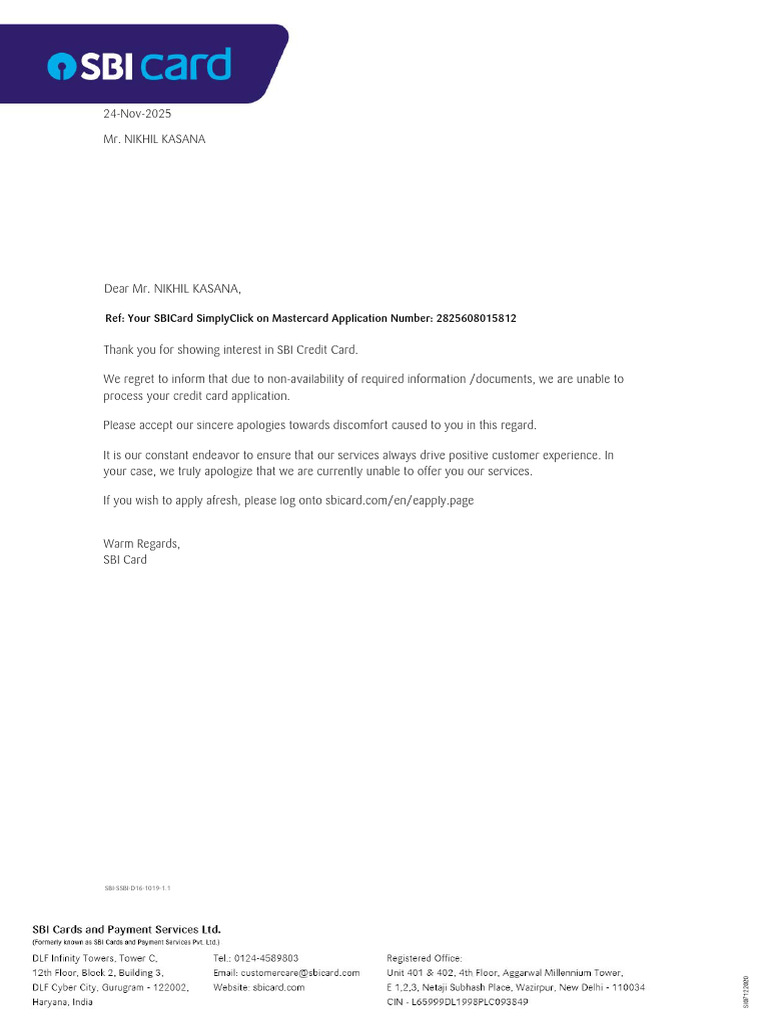 SBI Credit Card Application Update | PDF