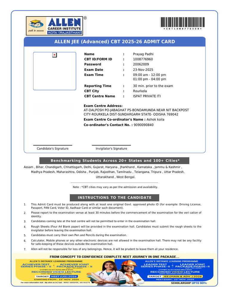 ALLEN JEE (Advanced) CBT 2025-26 ADMIT CARD | PDF