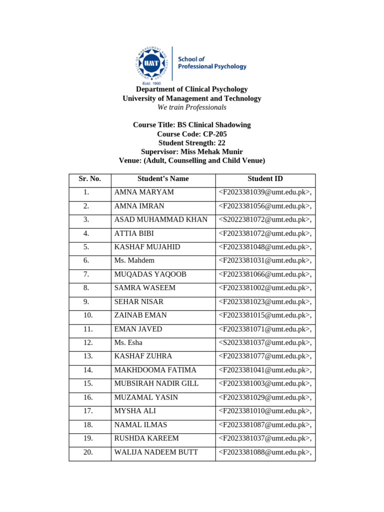Placement Superviory Detail S2025 Miss Mehak | PDF