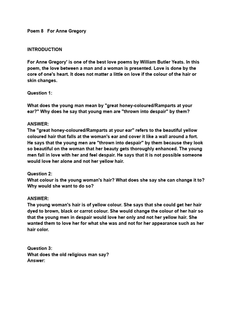 For Anne Gregory Q& A | PDF