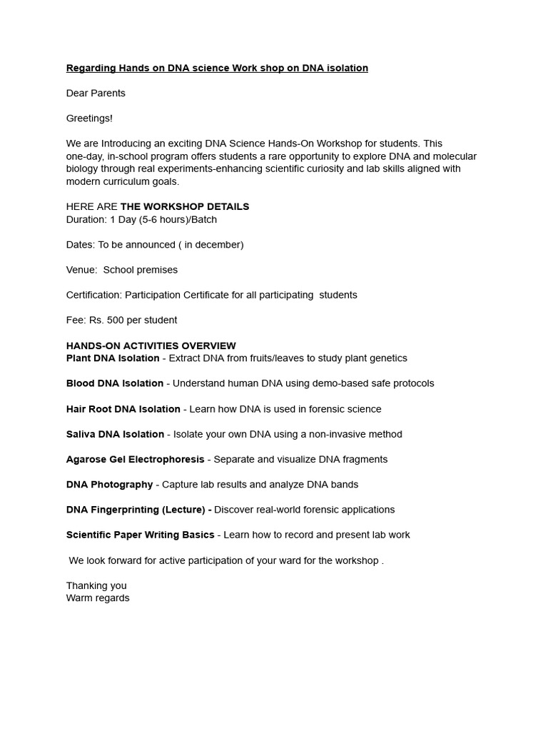 Work Shop On DNA Isolation | PDF