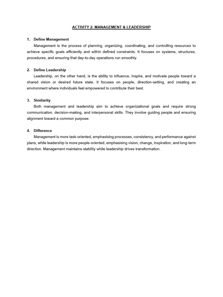 Activity 2 - Define Management & Leadership Response | PDF