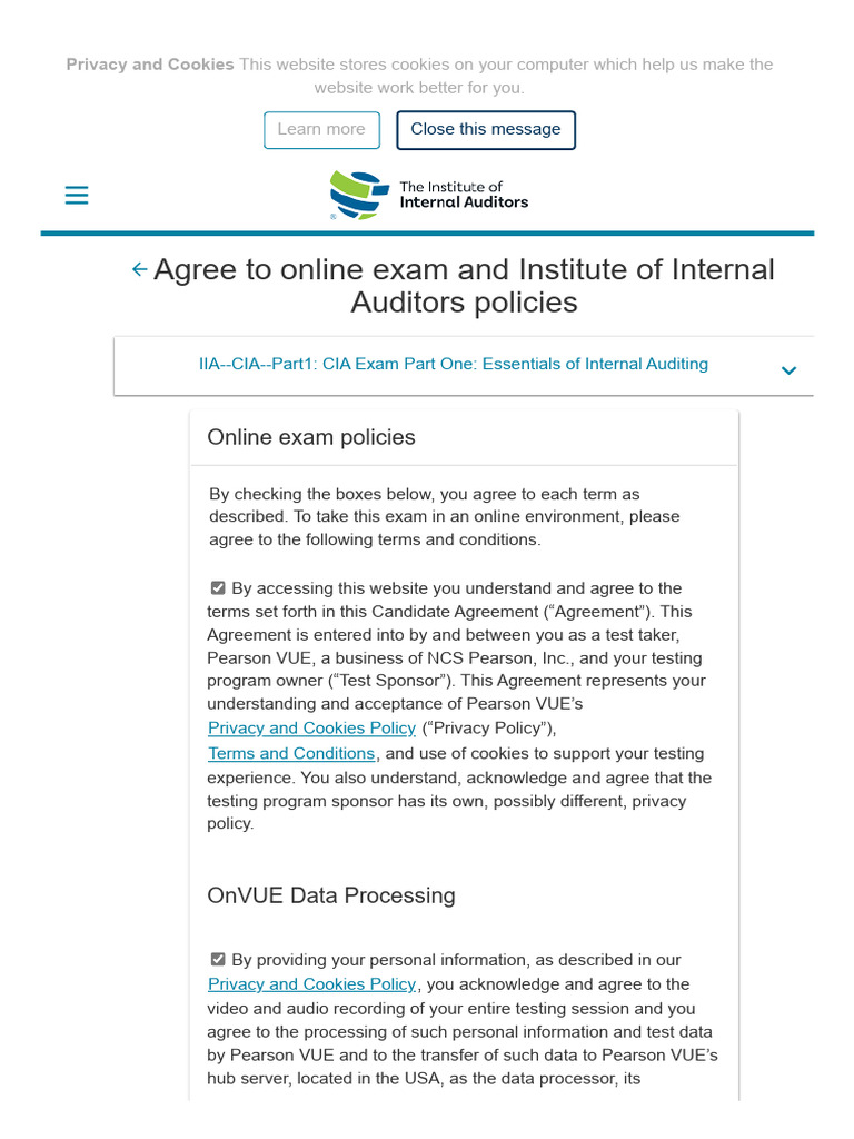 Pearson VUE - Agree To Online Exam and Institute of Internal Auditors ...