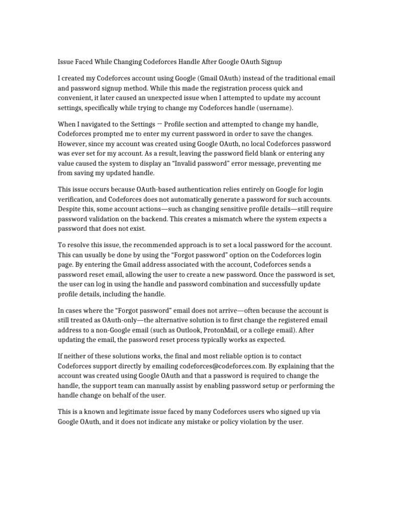 Codeforces OAuth Handle Issue Explanation | PDF | Password | Gmail