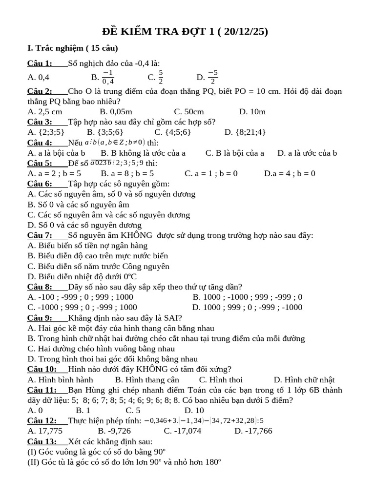 Đề Kiểm Tra Đợt 1 20.12.25 | PDF