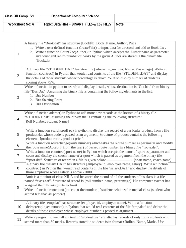 XII - CS - Worksheet 4 - DATA FILES& CSV 26 | PDF | Computer File ...