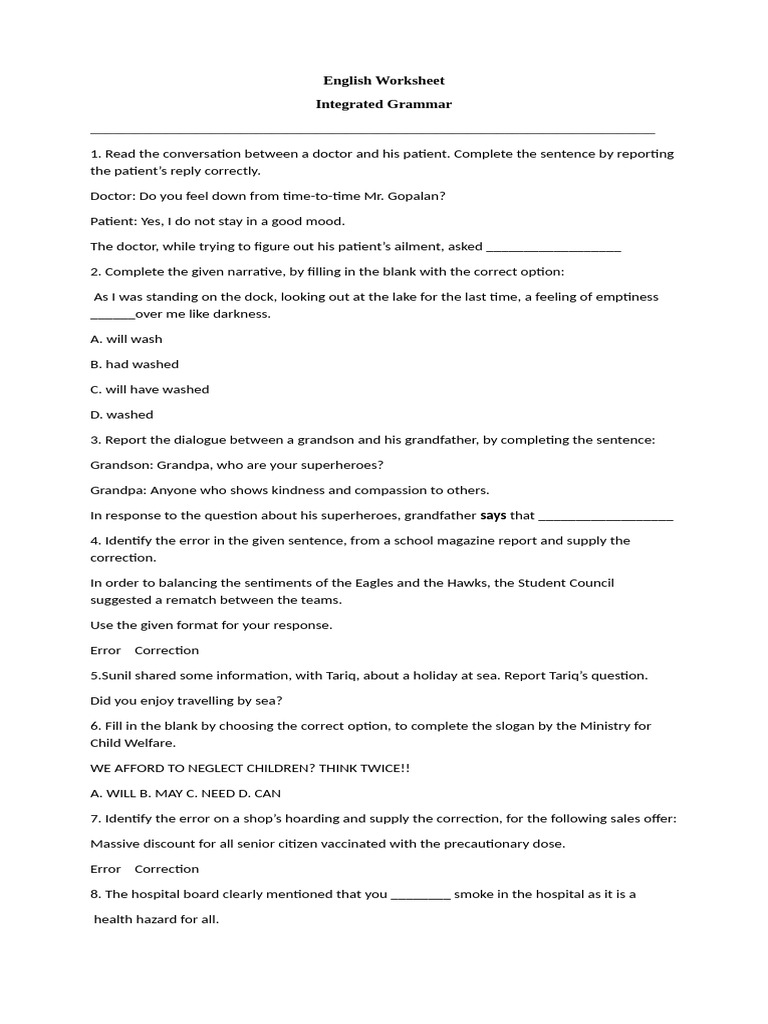 Integrated Grammar English Worksheet | PDF