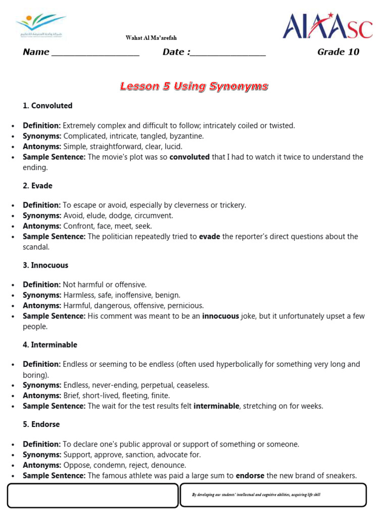 Grade 10 Vocabulary Quiz and Answers | PDF | Critical Thinking | Cognition