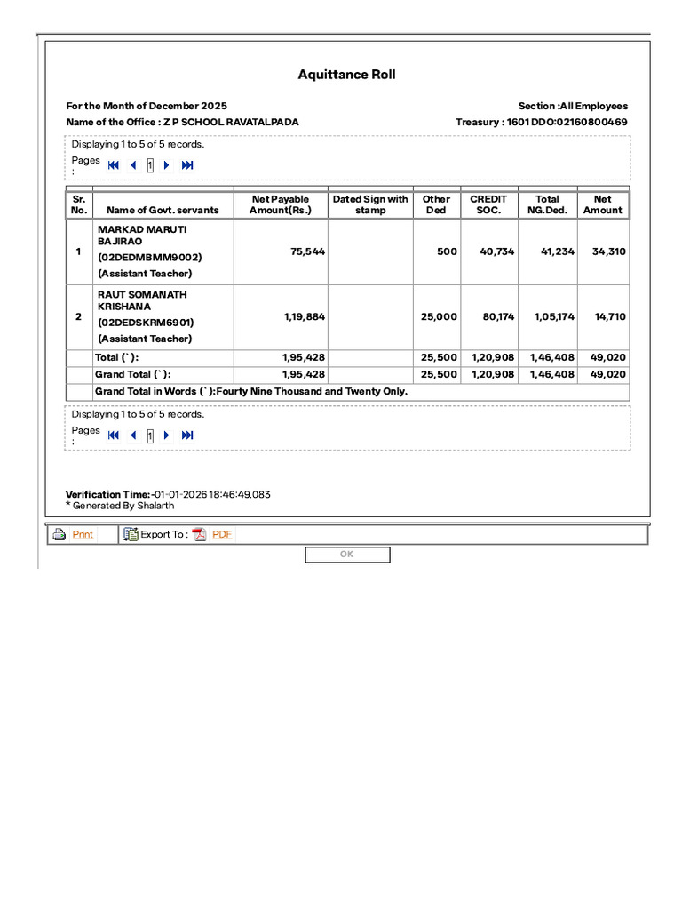 December 2025 Aquittance Roll Z P School | PDF